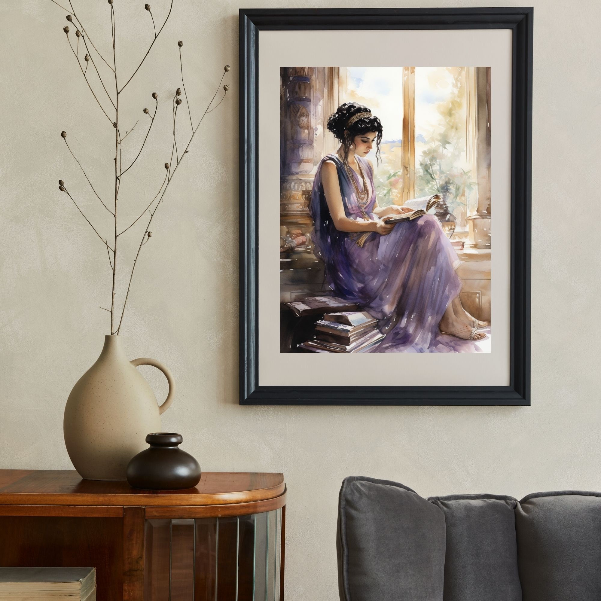 Printable Cleopatra Reading a Book in a Modern Day Library, Watercolor ...