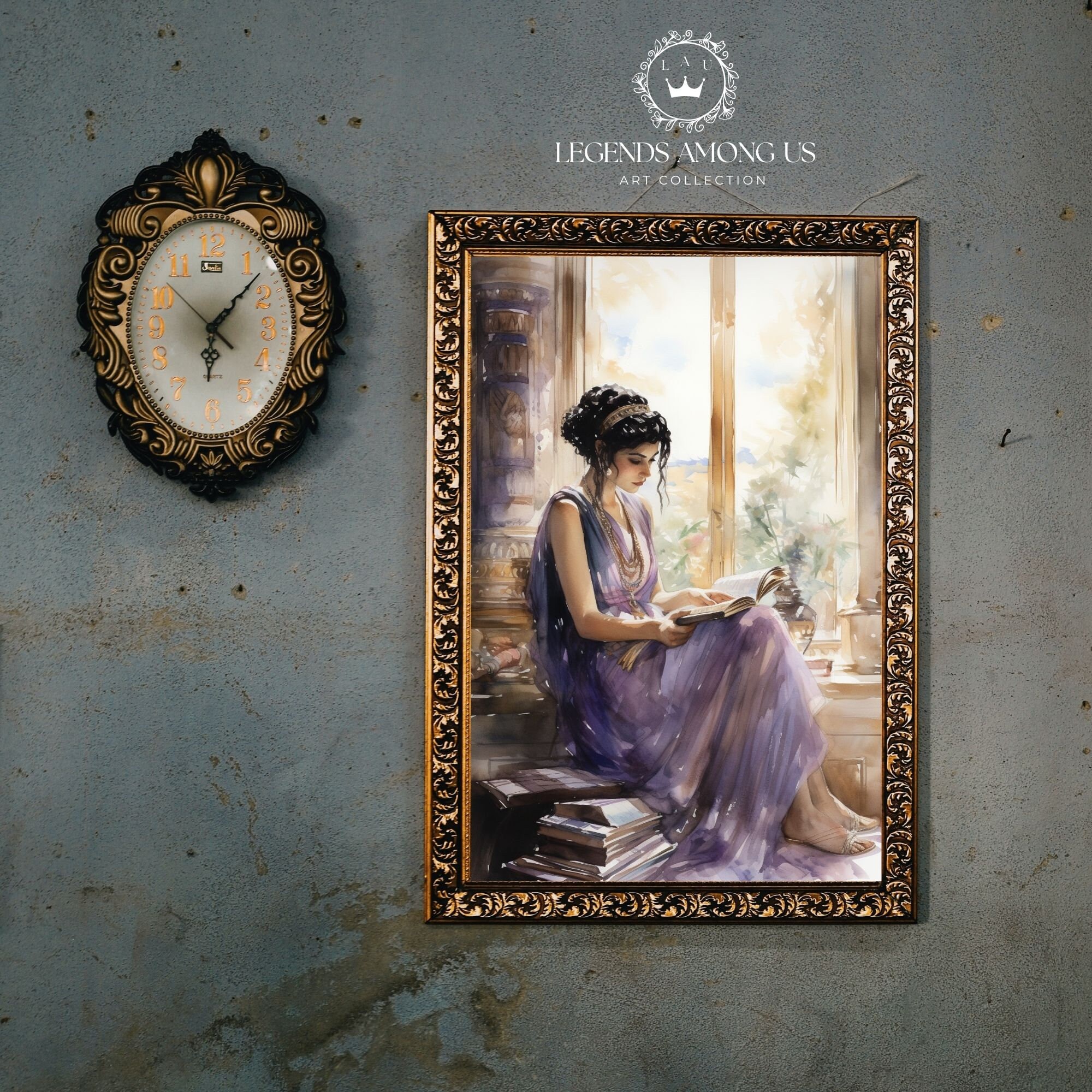 Printable Cleopatra Reading a Book in a Modern Day Library, Watercolor ...