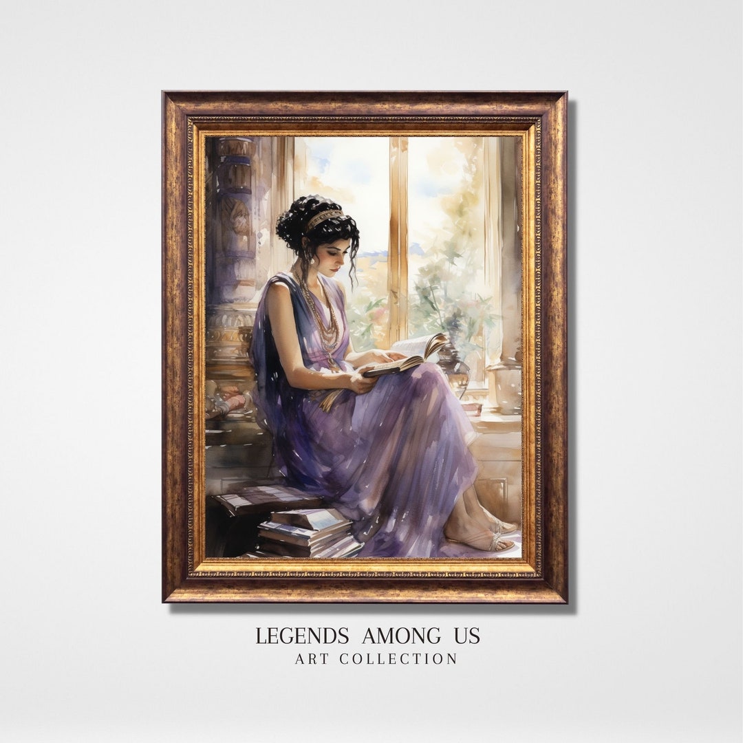 Printable Cleopatra Reading a Book in a Modern Day Library, Watercolor ...