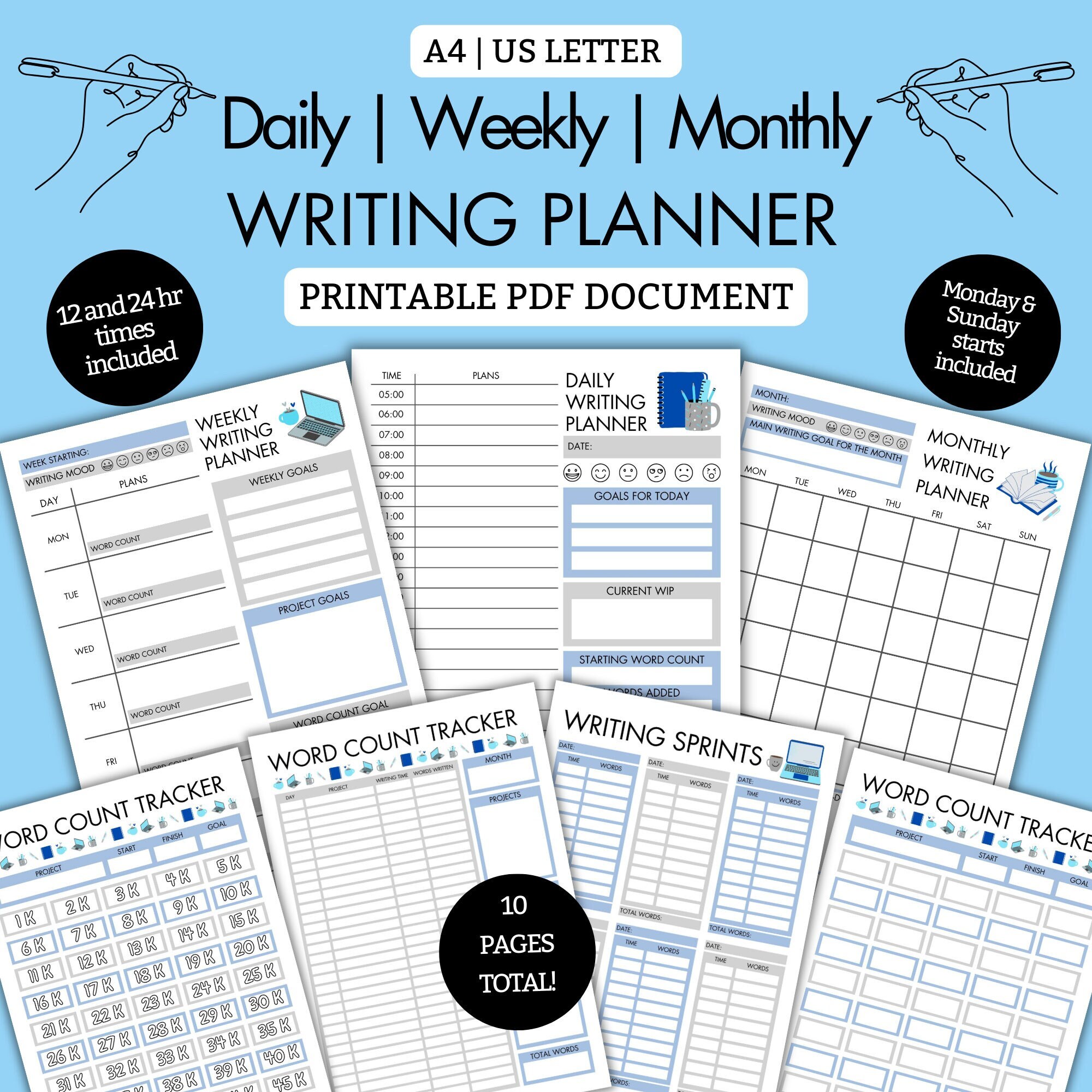 Daily, Weekly, Monthly Writing Planner Set, PRINTABLE PDF, Writers ...