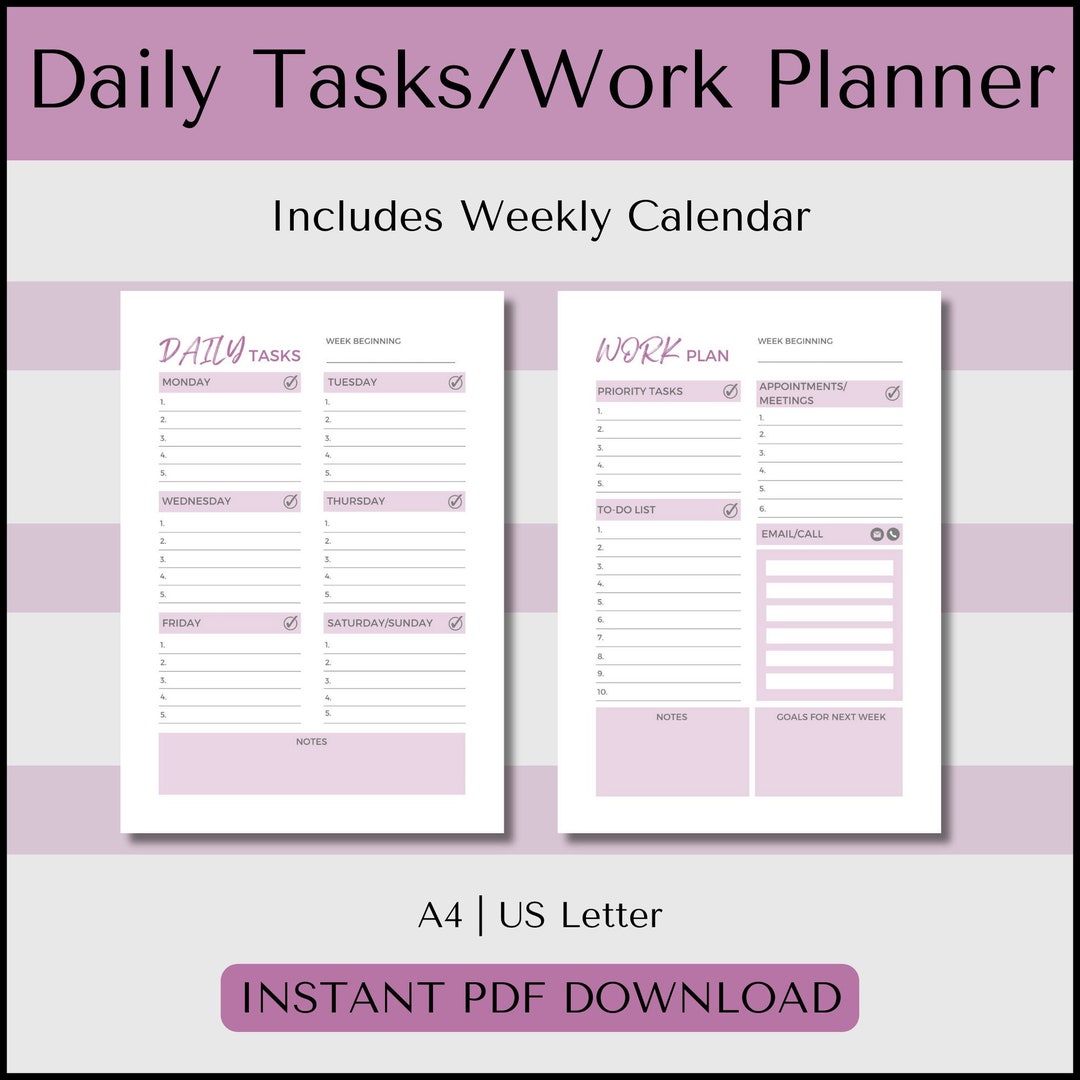 Daily Tasks Sheet Daily Work Planner Weekly Calendar - Etsy
