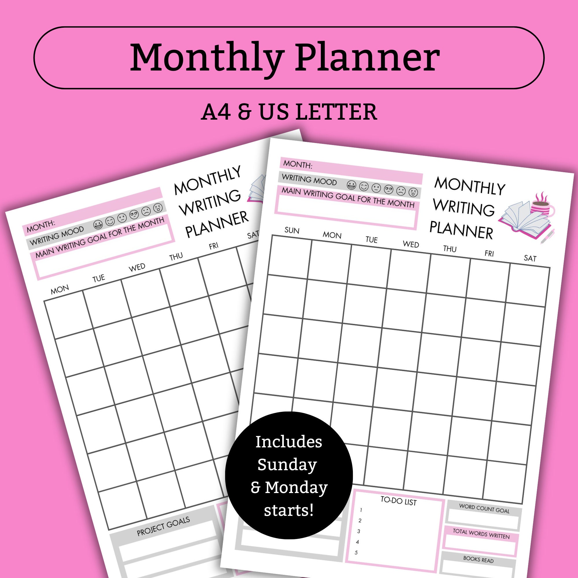 Daily, Weekly, Monthly Writing Planner Set, PRINTABLE PDF, Writers ...