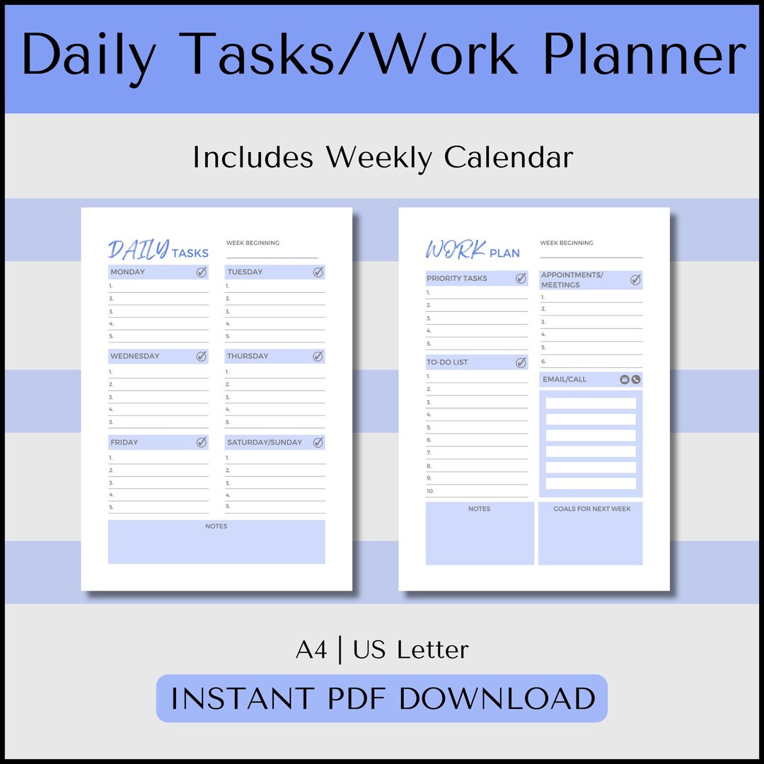 Daily Tasks Sheet, Daily Work Planner, Weekly Calendar, 12/24hr Time ...