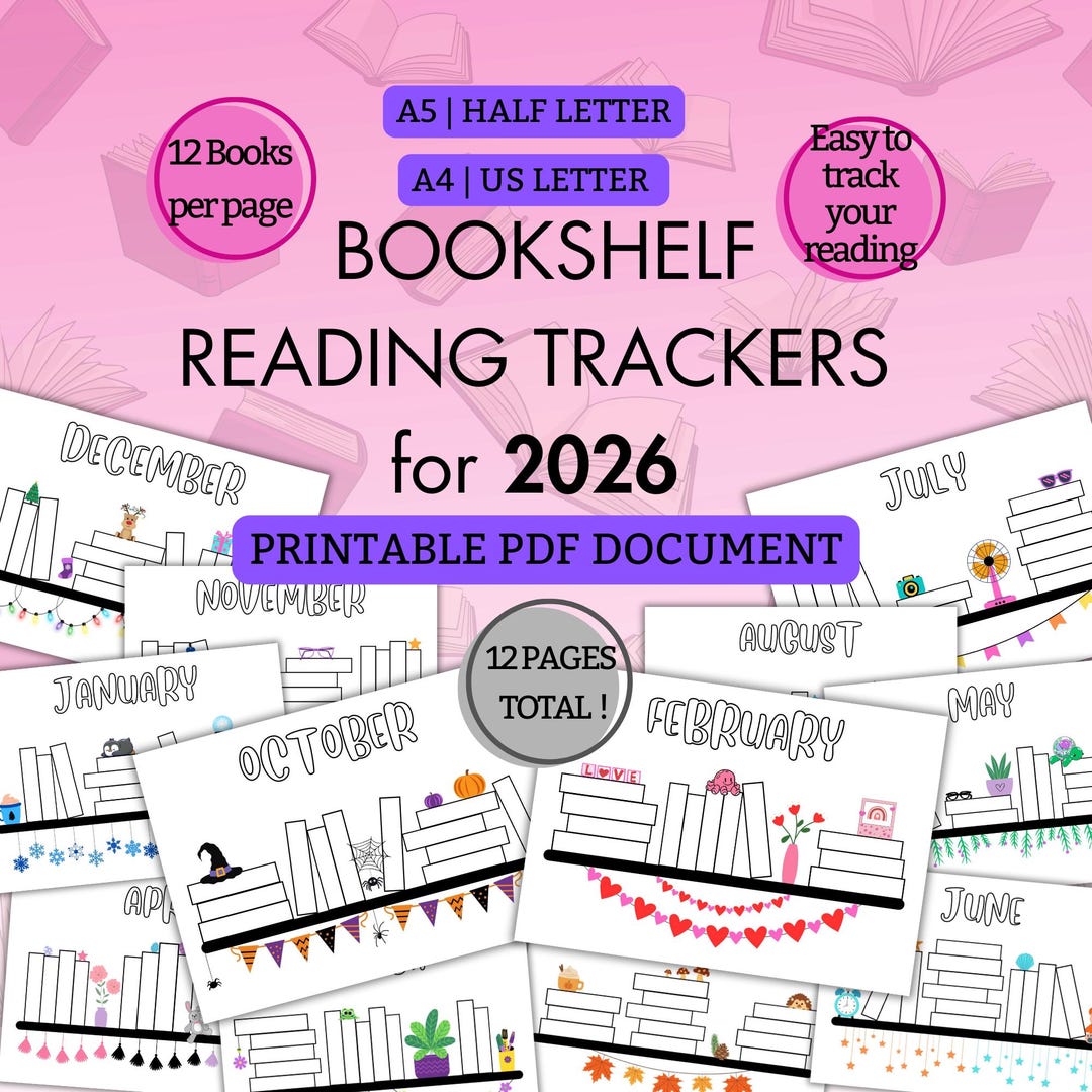 2026 Monthly Bookshelf Reading Trackers | PDF Printable Download | 12 ...