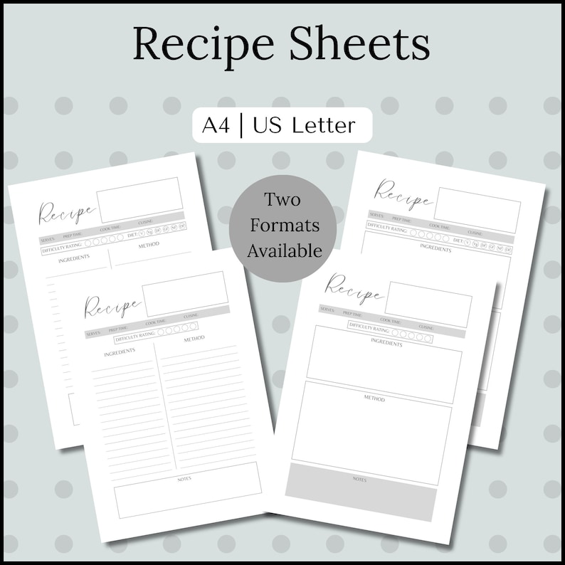Recipe Sheets Printable Bundle Meal Plan Recipe Index A4 - Etsy