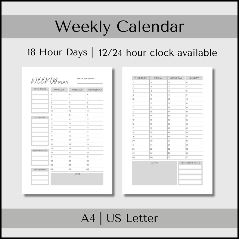 Daily Tasks Sheet, Daily Work Planner, Weekly Calendar, 12/24hr Time ...