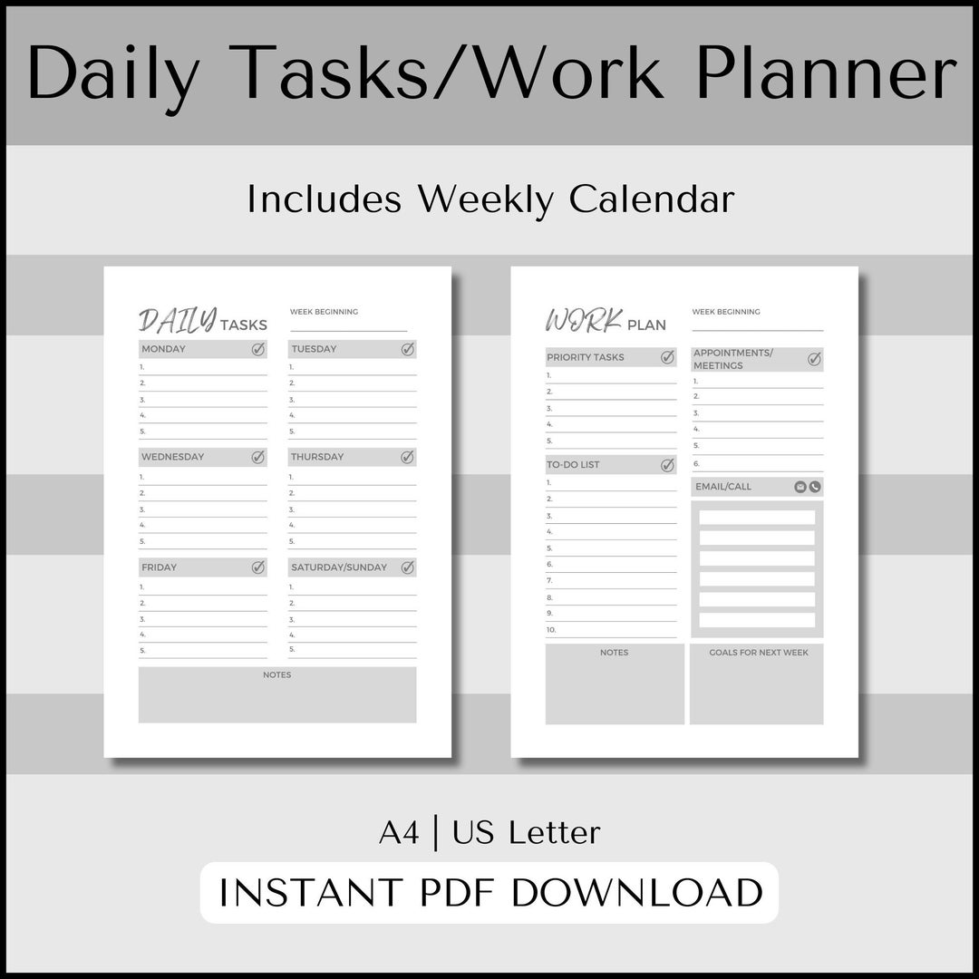 Daily Tasks Sheet, Daily Work Planner, Weekly Calendar, 12/24hr Time ...