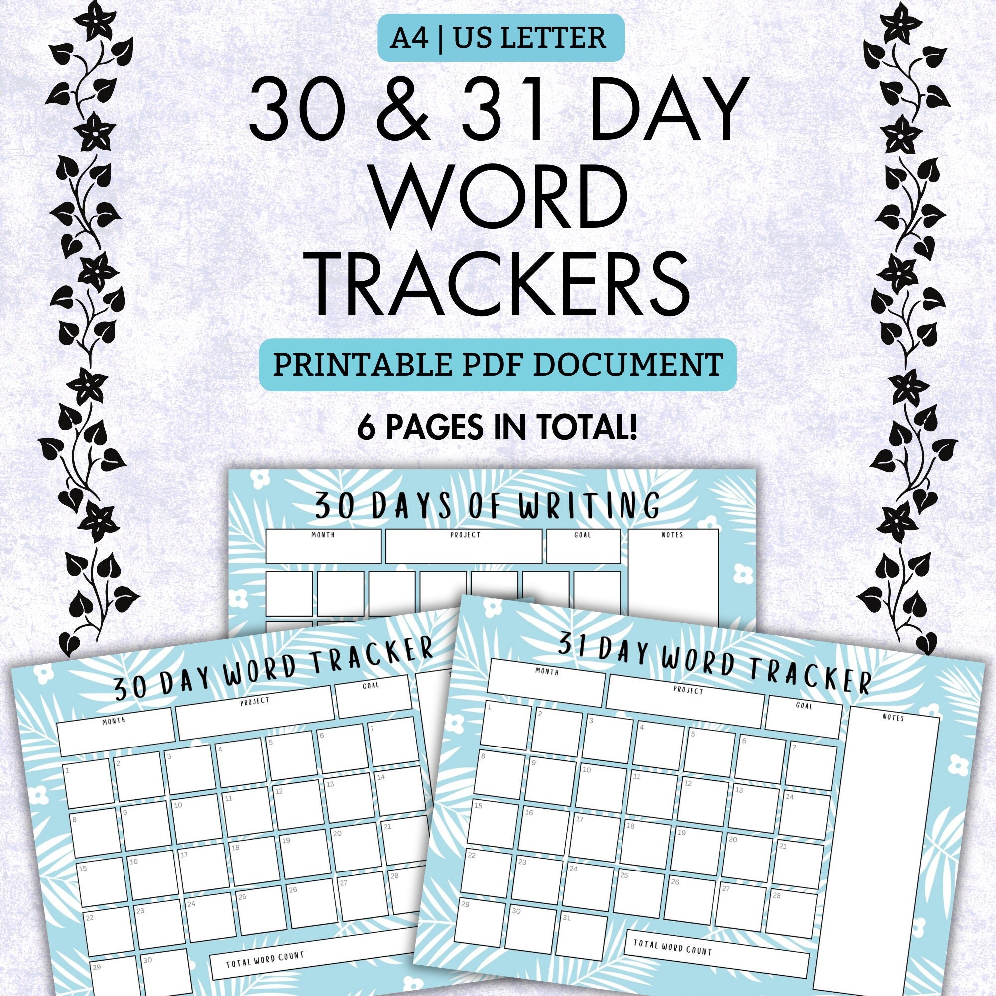 30 and 31 Day Word Trackers! | PDF Printable | 6 PAGES! | Writing ...
