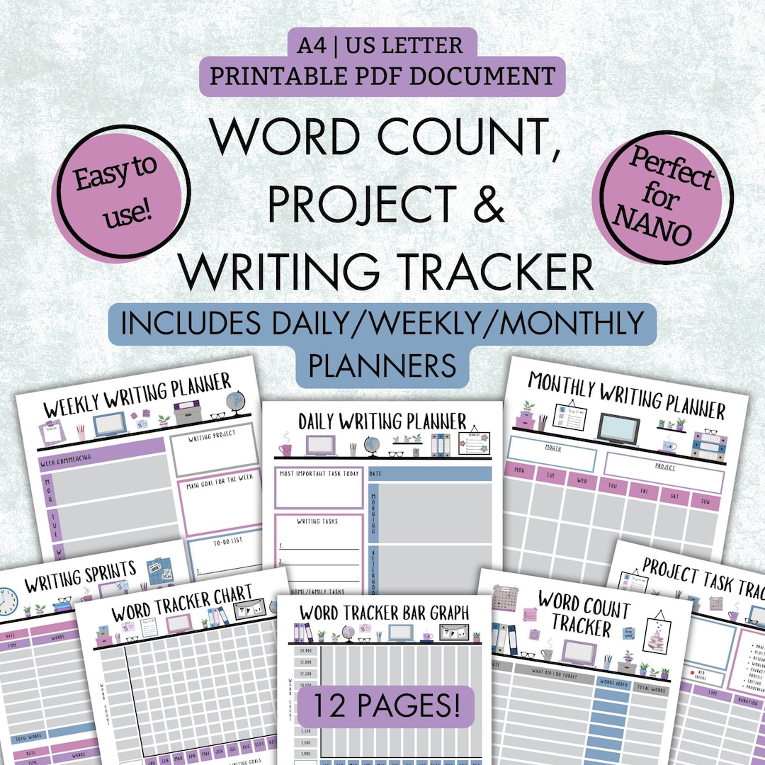 Word Count & Project Tracker | Printable PDF | A4 | US Letter | 12 ...