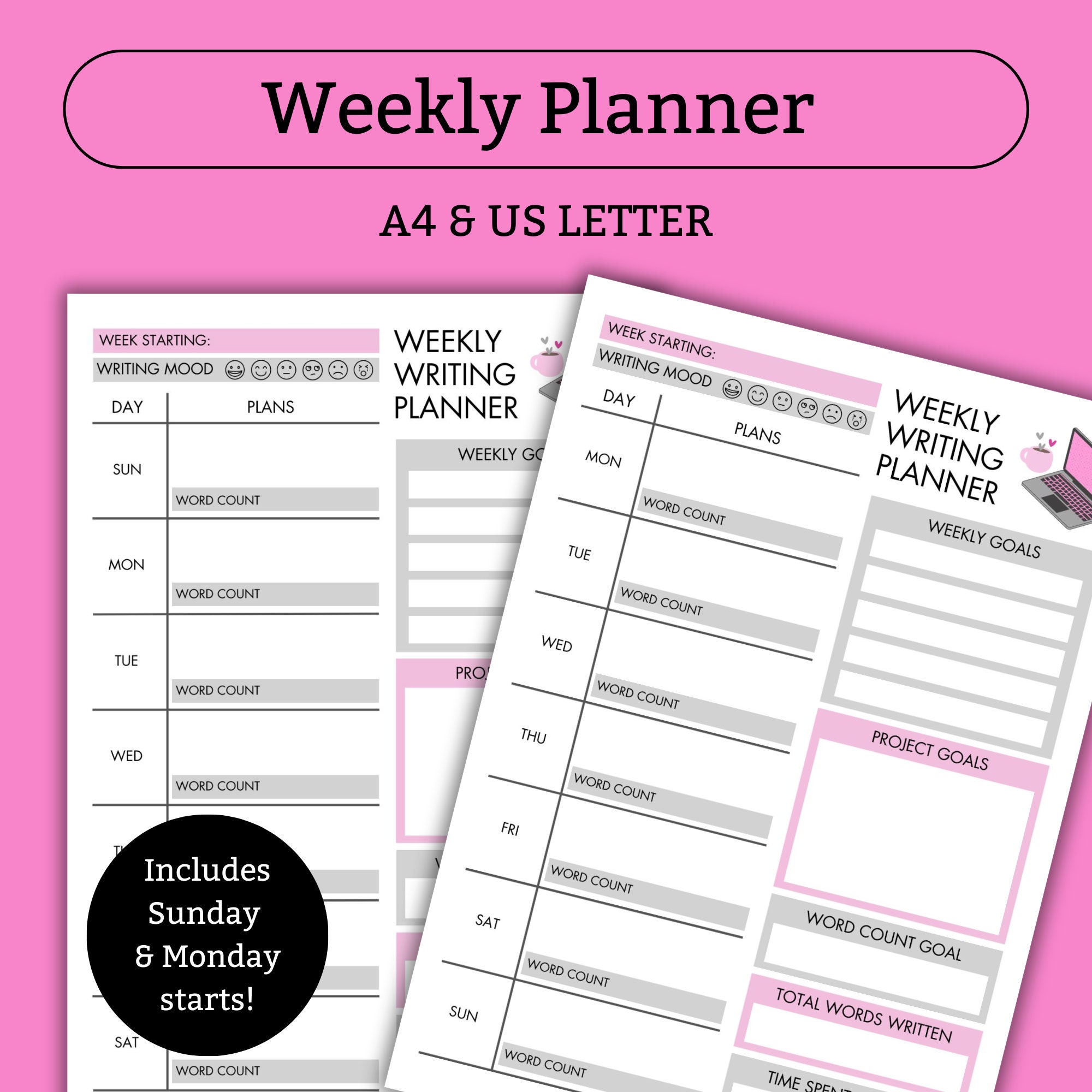 Daily, Weekly, Monthly Writing Planner Set, PRINTABLE PDF, Writers ...