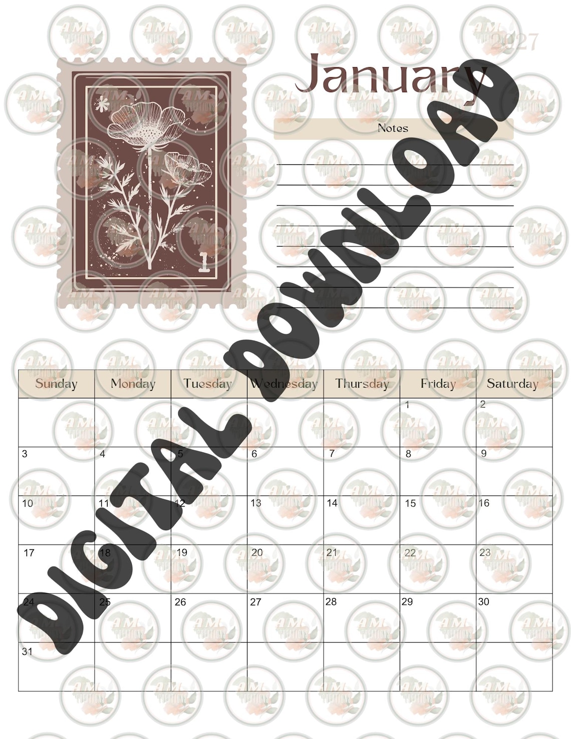 DIGITAL 2027 Dated Calendar - Floral Stamps - Etsy UK
