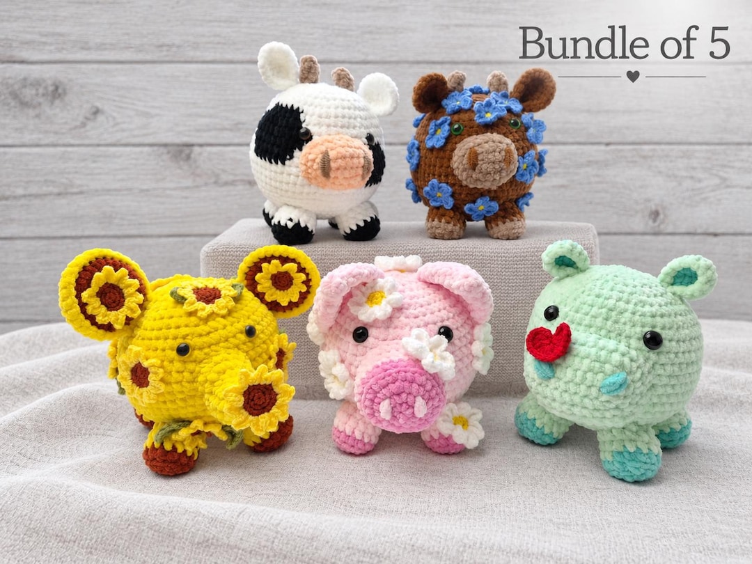 Crochet Pattern Bundle, Cow Elephant Pig Hippo Amigurumi PDF, Plush ...