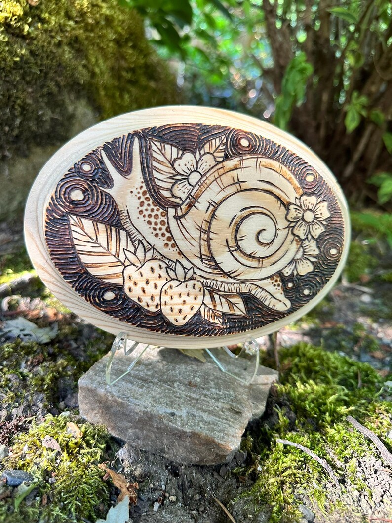 Woodburned Snail Art – Whimsical Strawberry Forest Decor - Etsy