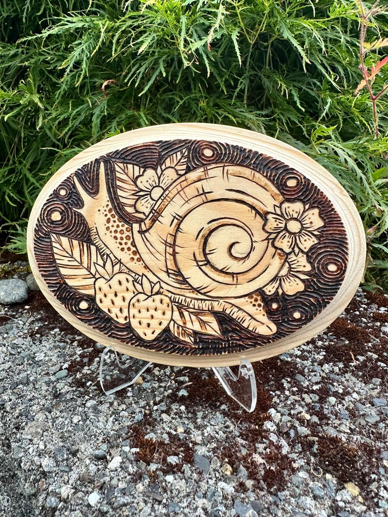 Woodburned Snail Art – Whimsical Strawberry Forest Decor - Etsy