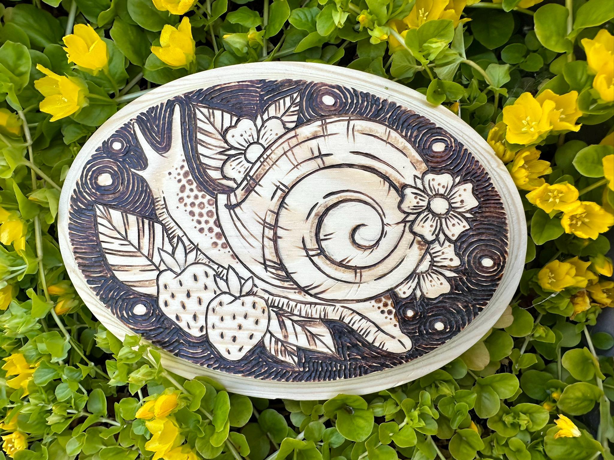 Woodburned Snail Art – Whimsical Strawberry Forest Decor - Etsy