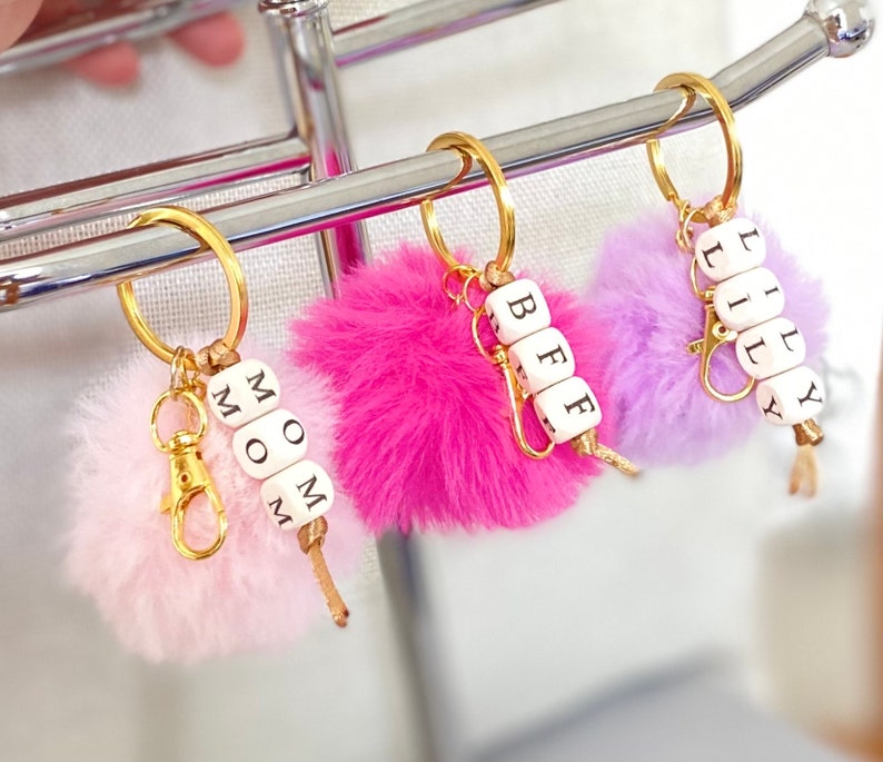 Personalized Name Keychain, Pom Pom Keychain, Stocking Stuffer, Diaper Bag Tag, Party Favor ...