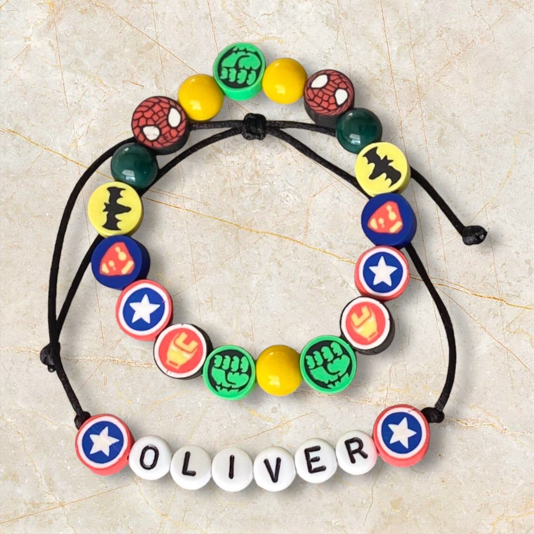 Set of 2 Superhero Custom Bracelet, Boys Beaded Bracelet, Personalized ...