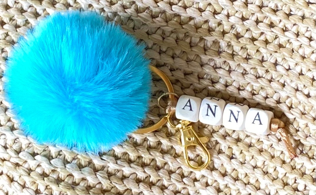 Personalized Name Keychain, Pom Pom Keychain, Stocking Stuffer, Diaper ...