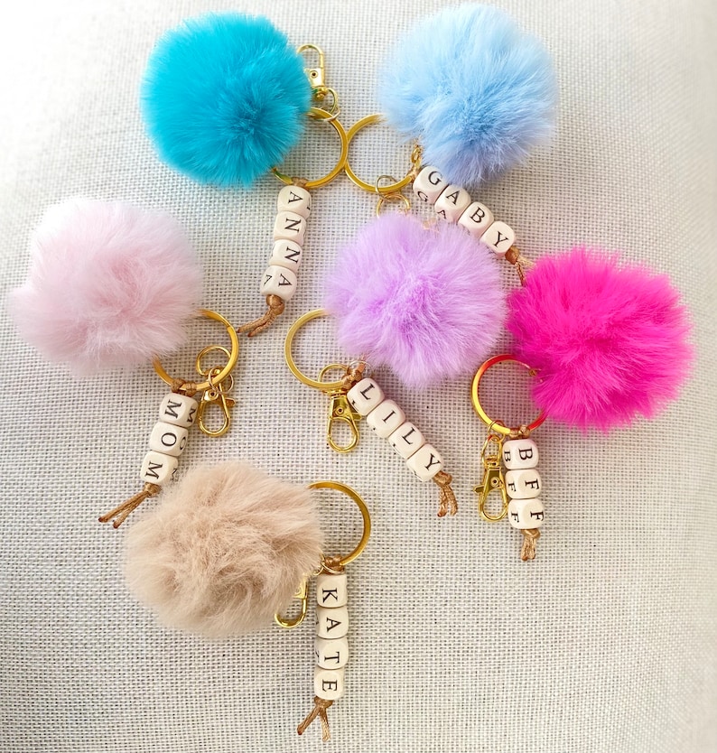 Personalized Name Keychain, Pom Pom Keychain, Stocking Stuffer, Diaper ...