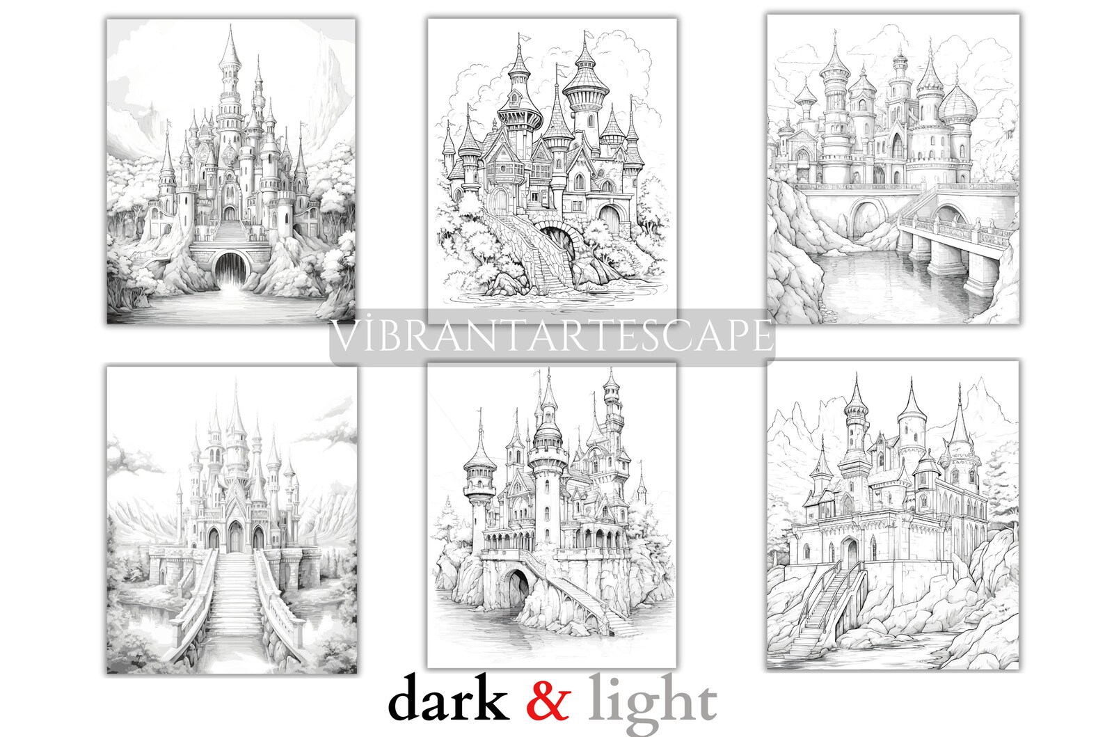 Grayscale Castle Coloring Book-enchanted Castles Coloring Pages ...