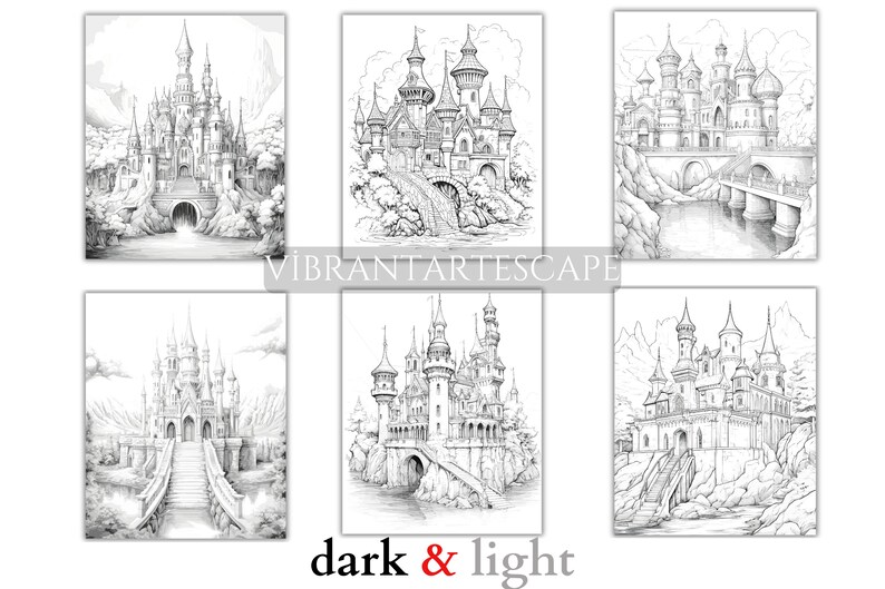 Grayscale Castle Coloring Book-enchanted Castles Coloring Pages ...
