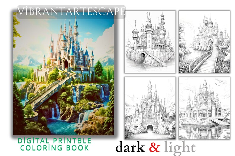 Grayscale Castle Coloring Book-enchanted Castles Coloring Pages ...