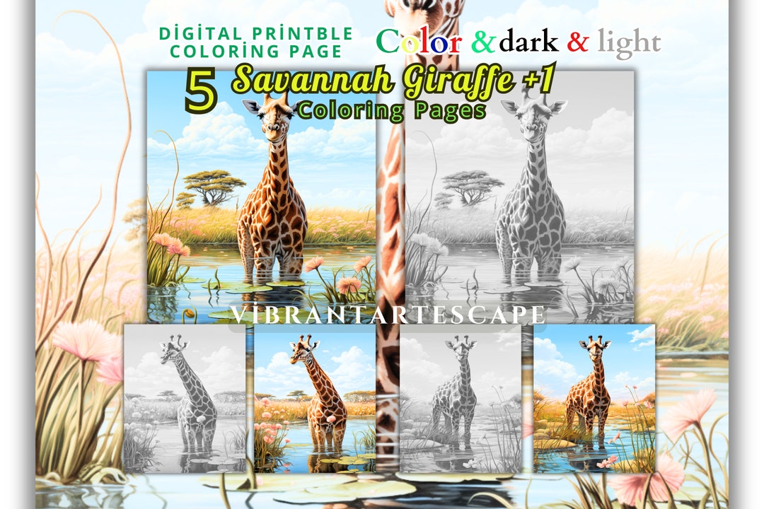 Savannah Giraffe Coloring Page VOL1 5 Pages Savannah Giraffe wild ...