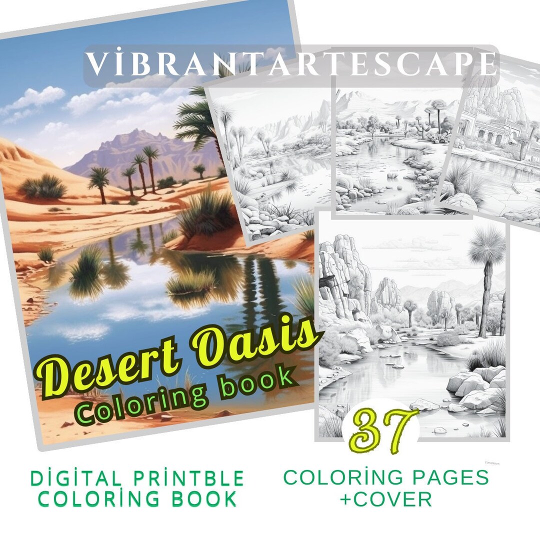 Desert Oasis Coloring Book - Oasis Coloring Pages - Grayscale Coloring ...