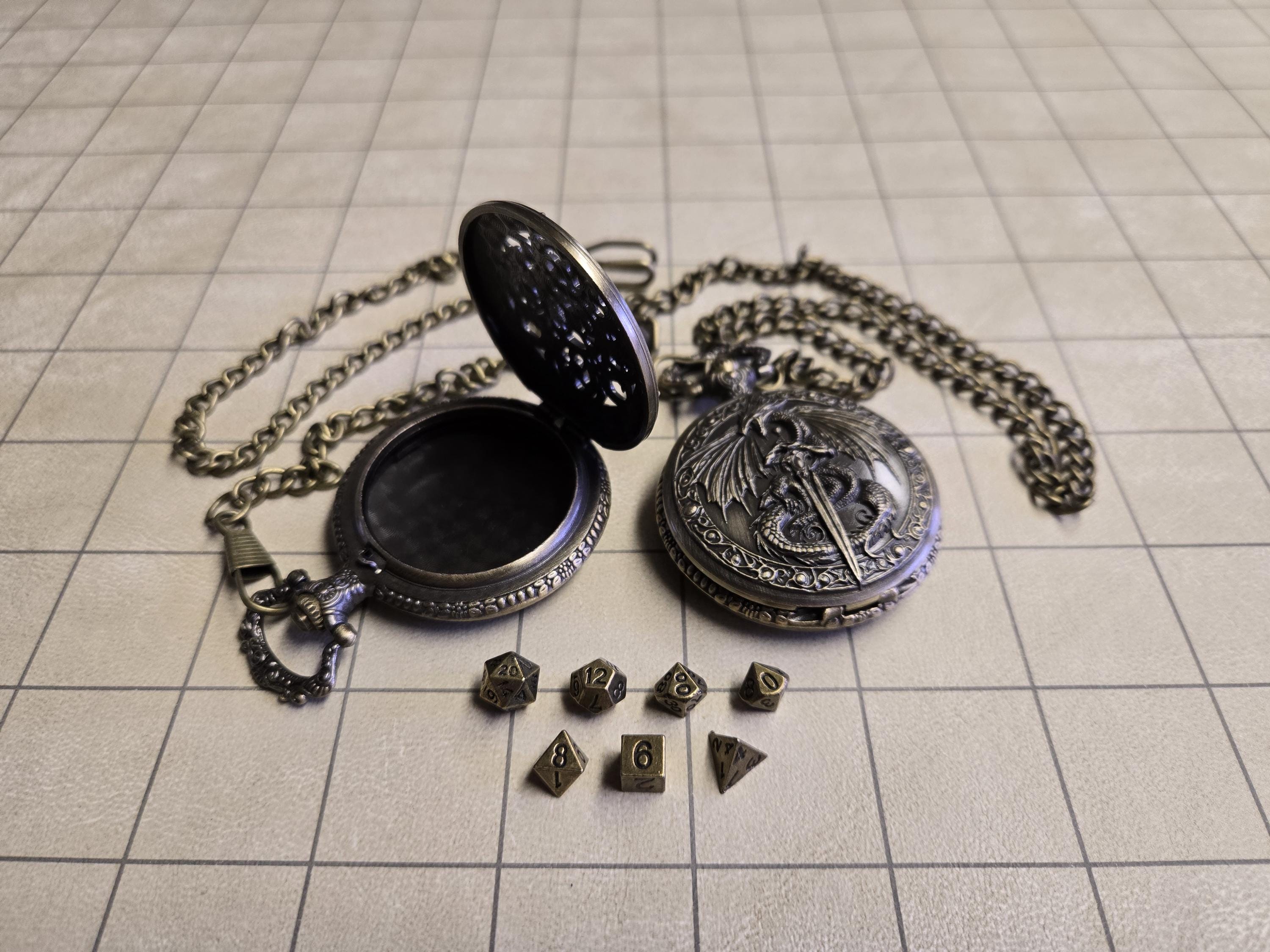 Pocket Watch Dice Holder With Dice Set - Sword Dragon Design ...