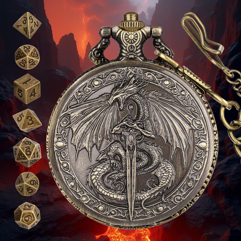 Pocket Watch Dice Holder With Dice Set - Sword Dragon Design ...