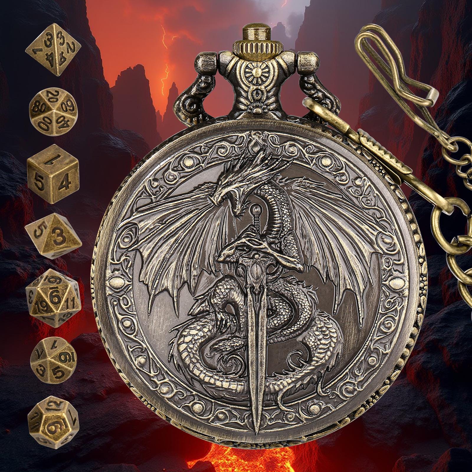 Pocket Watch Dice Holder With Dice Set - Sword Dragon Design ...
