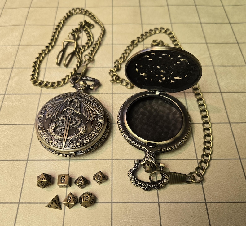 Pocket Watch Dice Holder With Dice Set - Sword Dragon Design ...