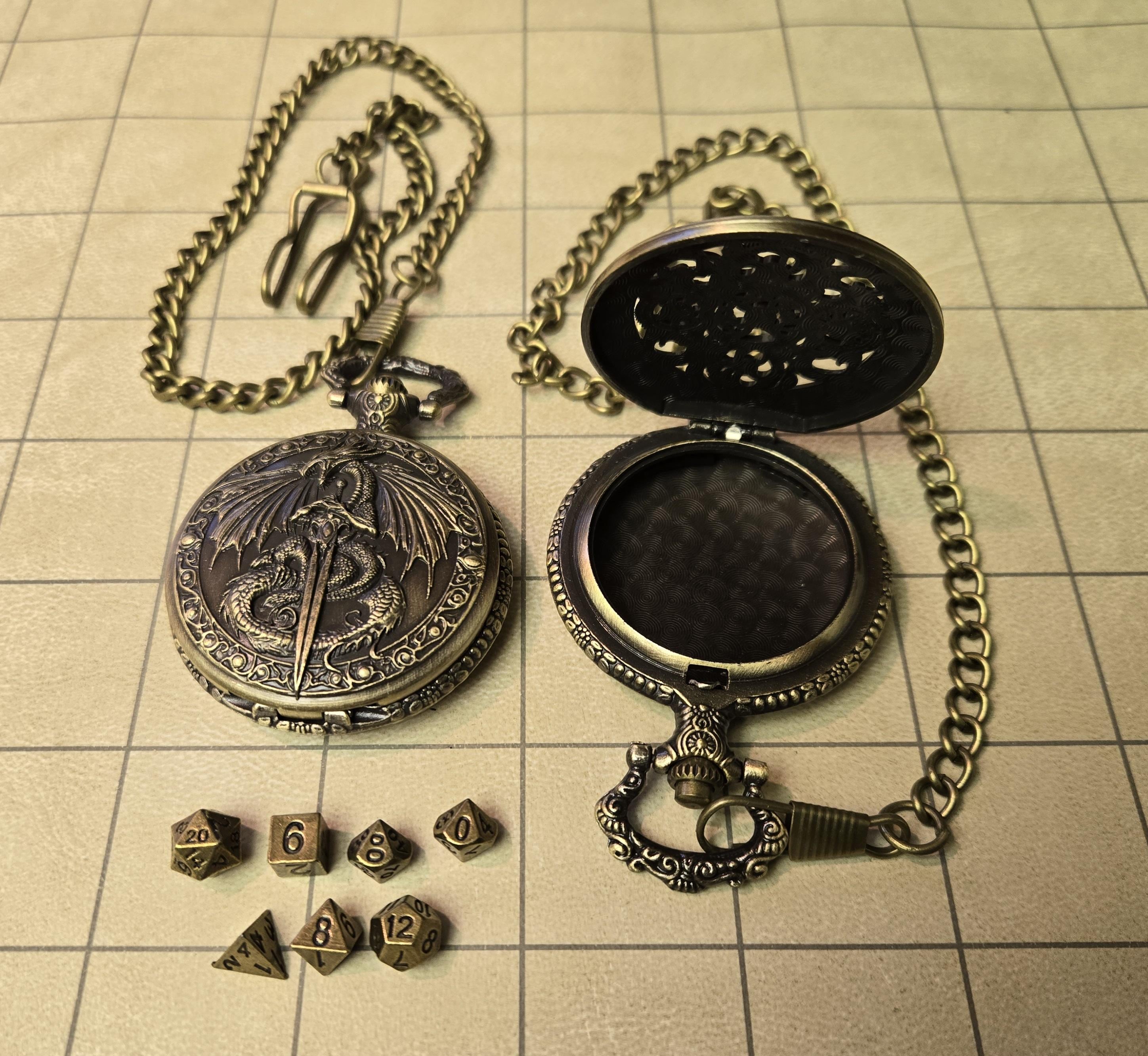 Pocket Watch Dice Holder With Dice Set - Sword Dragon Design ...