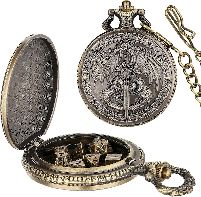Pocket Watch Dice Holder With Dice Set - Sword Dragon Design ...