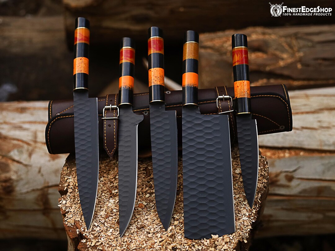 5 Pieces Handmade Black Powder Coated Kitchen Knife Chef's Set and ...