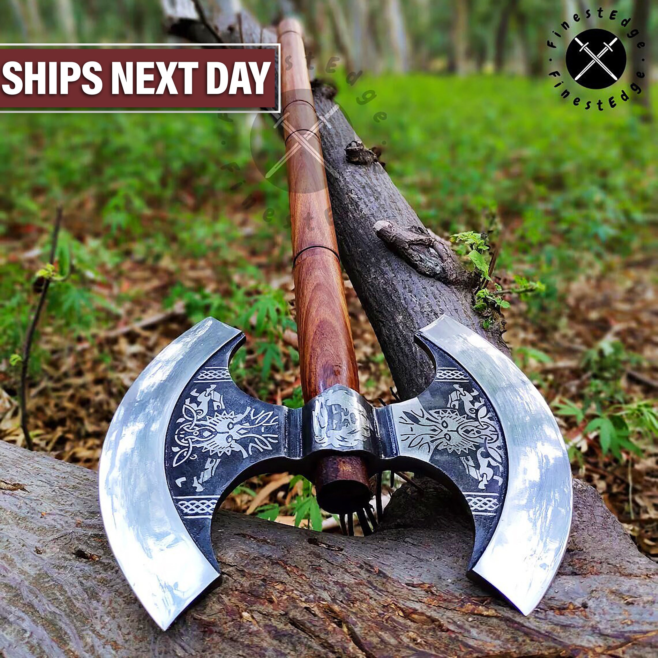 Hand Forged Double Headed Bearded Axe Viking Throwing Axe Two Handed Axe Scandinavian Axe With Beautiful Etching on Blade Gift for Men Etsy UK