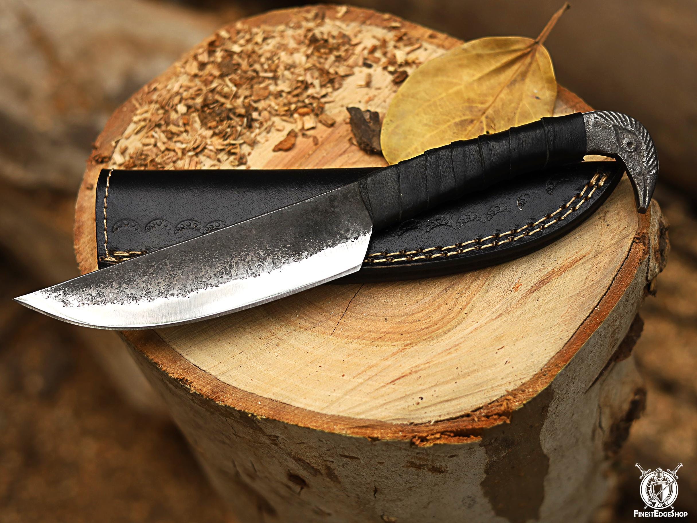 Viking Raven Head Hunting Knife With Sheath, Pure Carbon Steel Blade ...