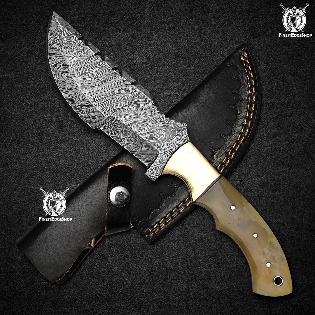 Handmade Damascus Steel Tracker, Camel Bone Handle Hunting Knife ...