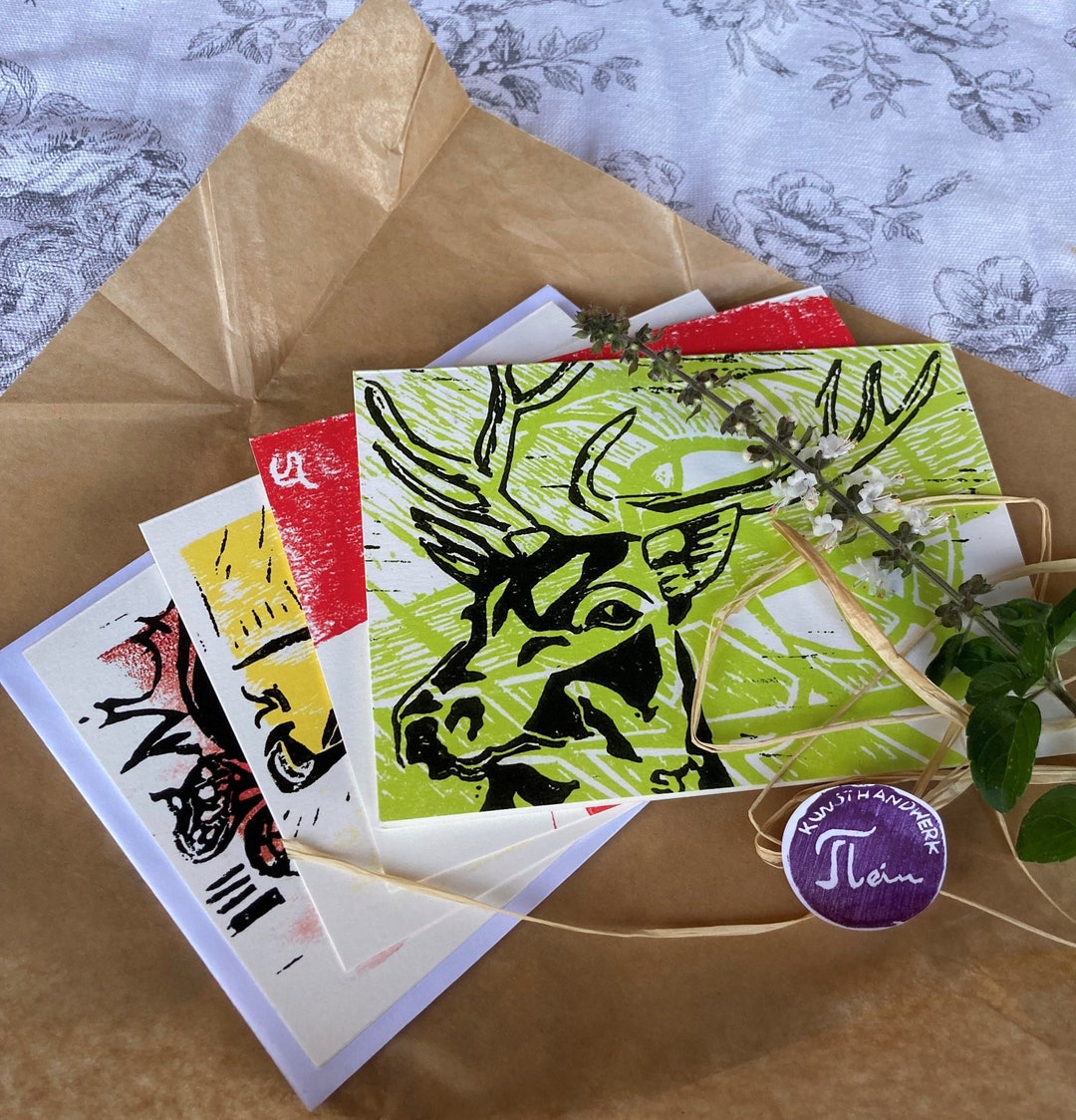 Set of 4 Art Prints Linocut Motifs: Deer, Rose, Woman, Acorn - Etsy