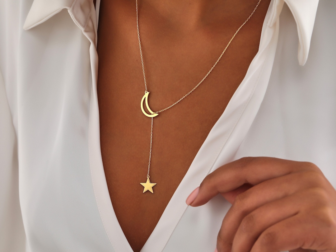 14k Gold Moon and Star Necklace ∙ Crescent Moon and Star Charm ∙ Gold ...