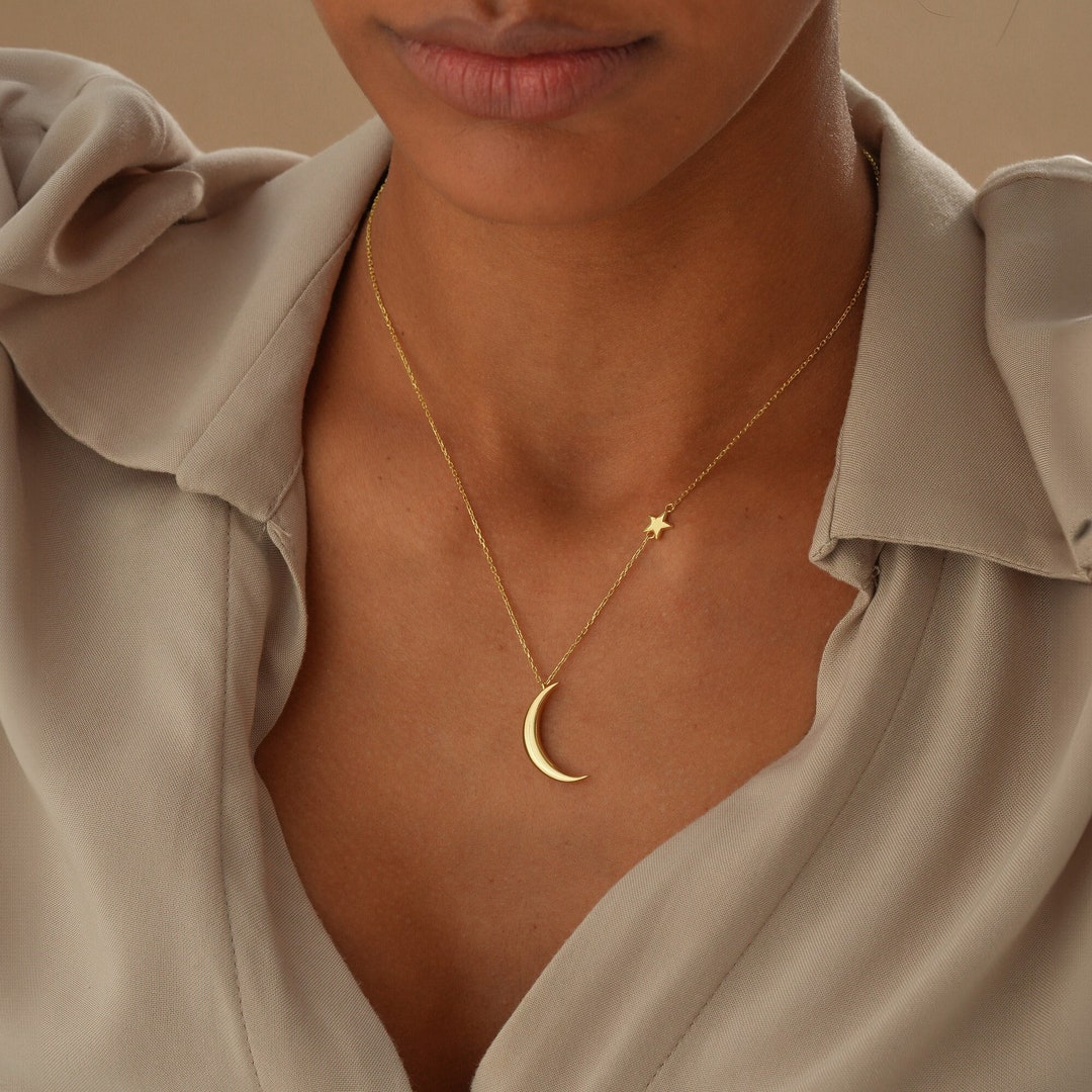 Crescent Moon Necklace, Gold Half Moon With Star Necklace, Gold ...