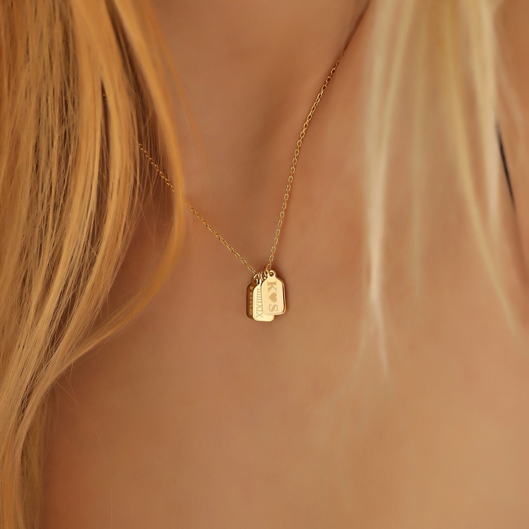 14k Gold Personalized Vertical Bar Name Tag Necklace, Initials Heart ...