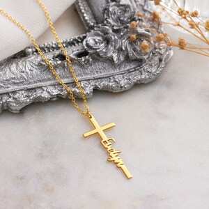 Gold Baptism Cross Name Necklace ∙ Dainty Name Cross Pendant ∙ ...
