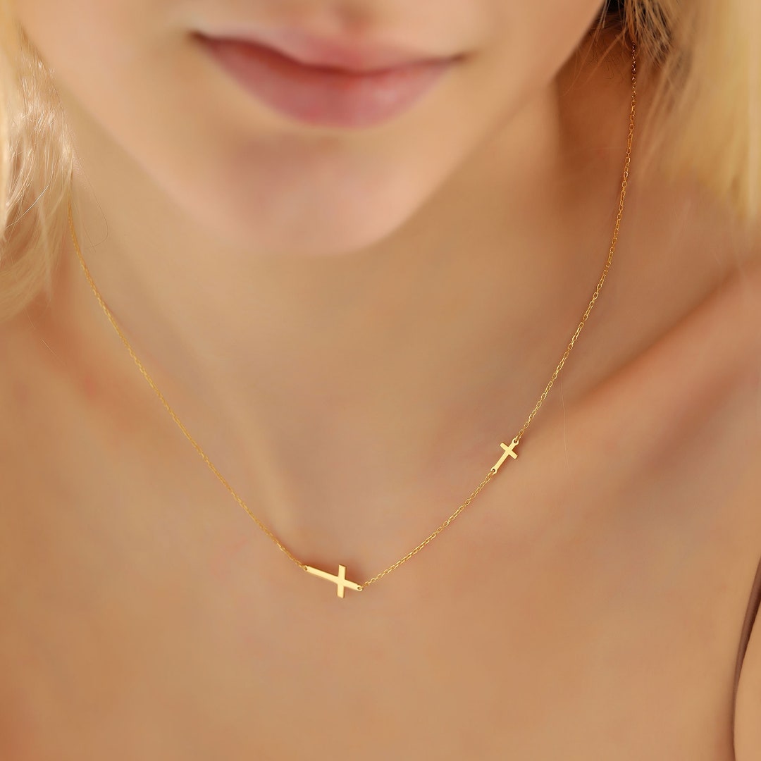 Gold Sideways Double Cross Necklace ∙ Sterling Silver Dainty Cross ...