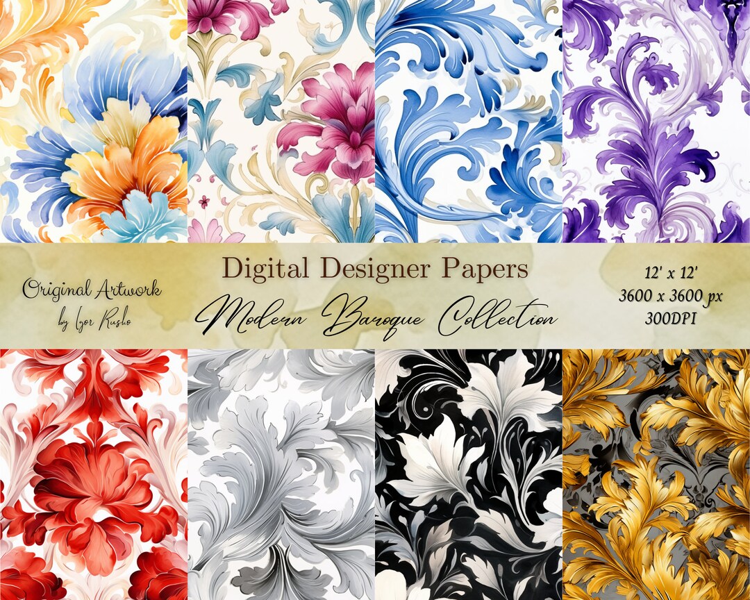 Modern Baroque Digital Paper Watercolor Scrapbook Papers Seamless ...