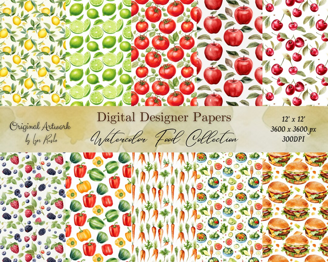 Food Digital Paper - Aquarell Scrapbook Papiere - Nahtlose Muster ...