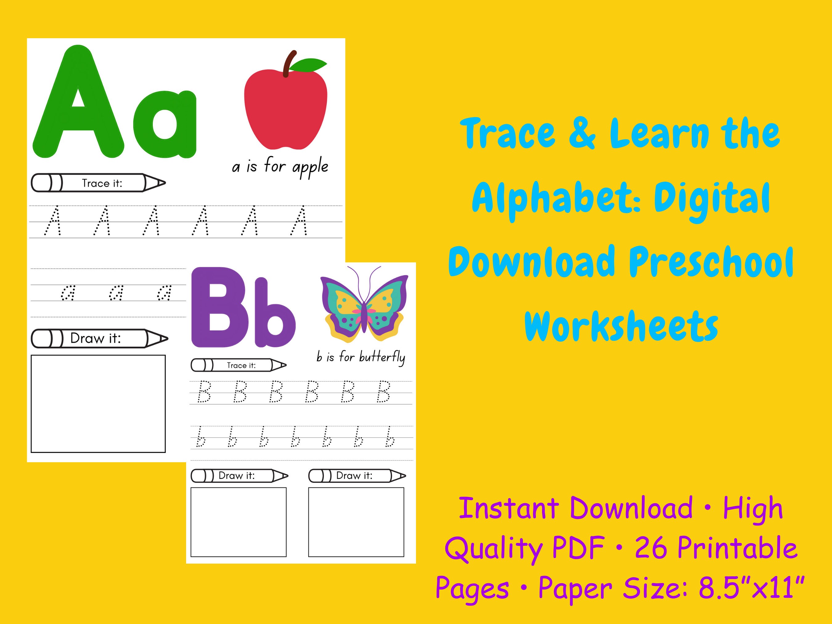 Trace & Learn the Alphabet: Digital Download Preschool Worksheets - Etsy