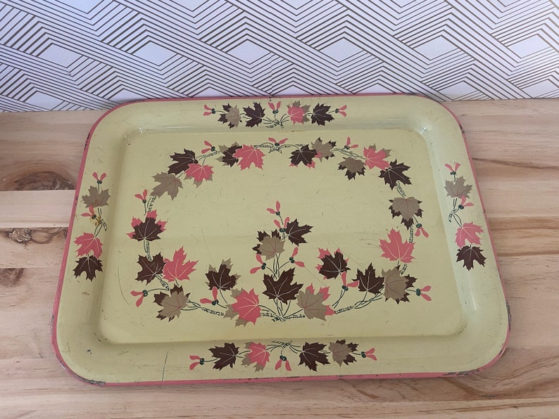 Vintage MCM Metal TV Lap Serving Trays Pink Brown and Yellow Maple Leaf ...