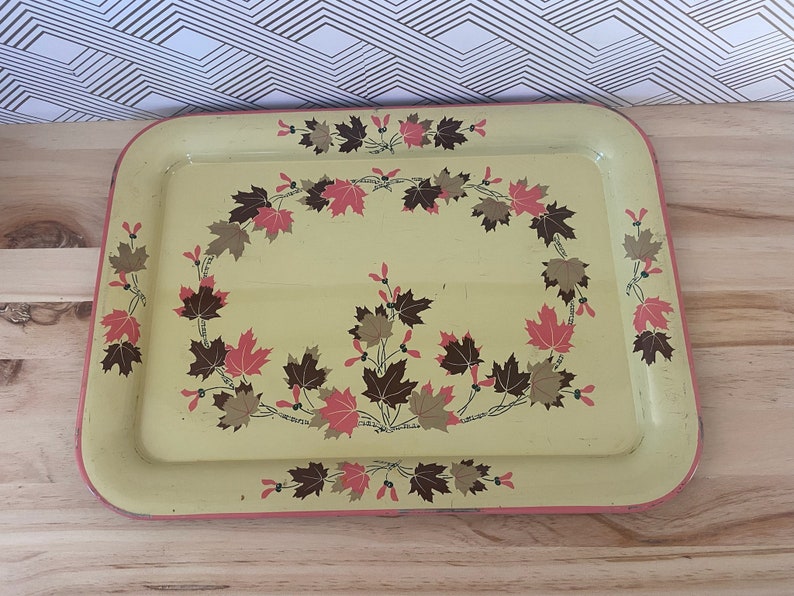 Vintage MCM Metal TV Lap Serving Trays Pink Brown and Yellow Maple Leaf ...