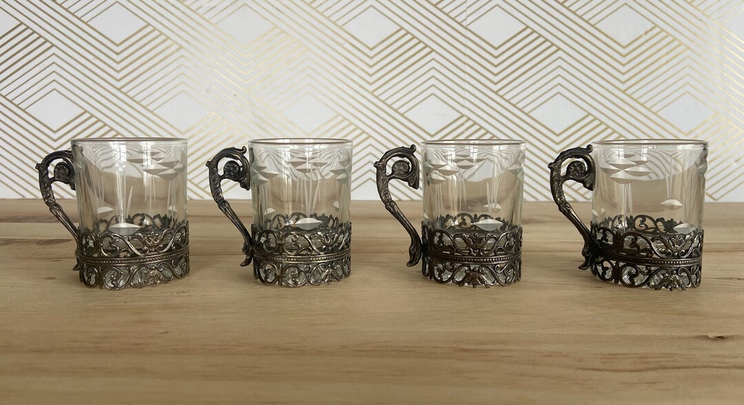 Vintage Shot Glasses With Pewter Holders/handles Etched Glass - Etsy
